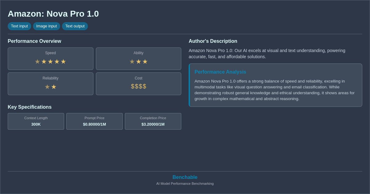 Amazon: Nova Pro 1.0 - AI Model Details & Benchmarks