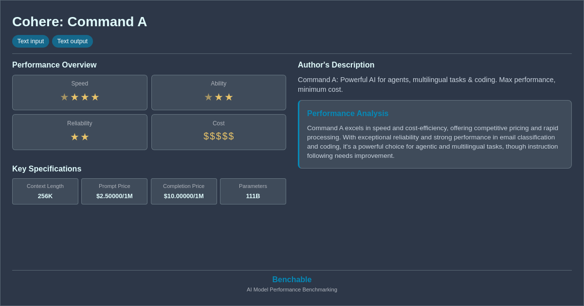 Cohere: Command A - AI Model Details & Benchmarks