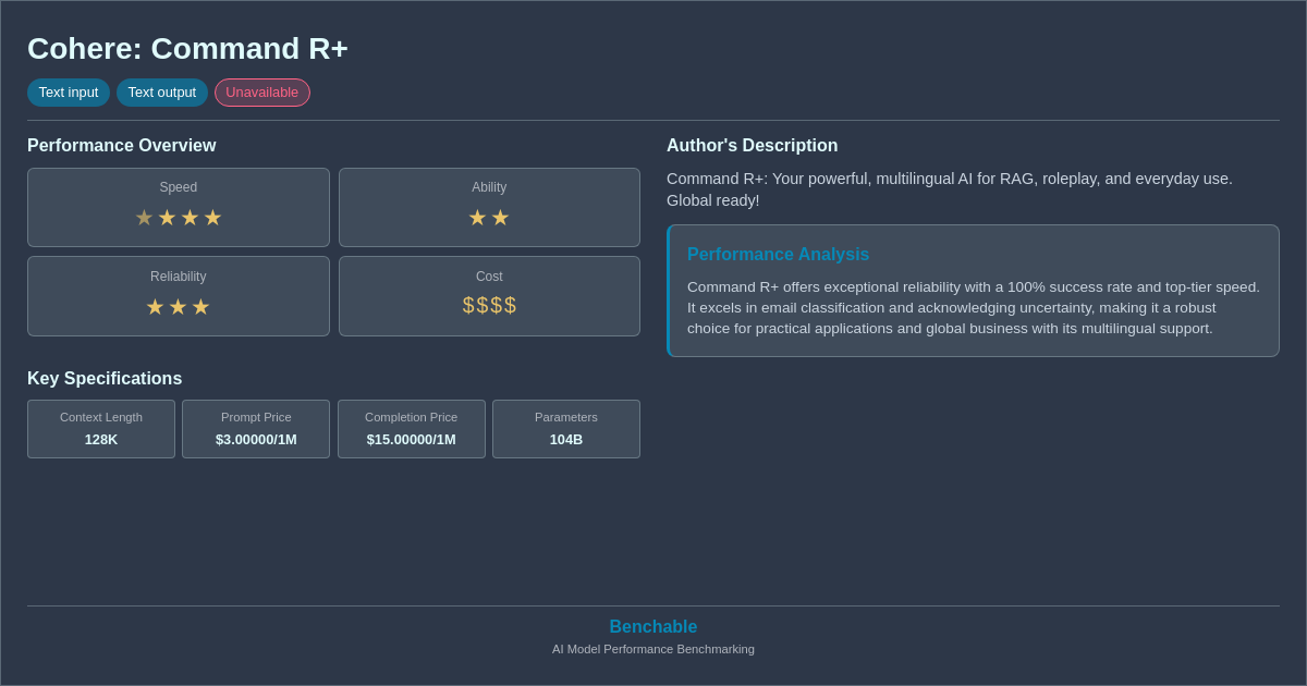 Cohere: Command R+ - AI Model Details & Benchmarks