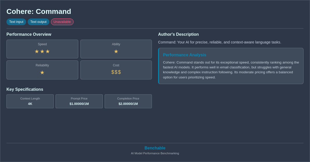 Cohere: Command - AI Model Details & Benchmarks
