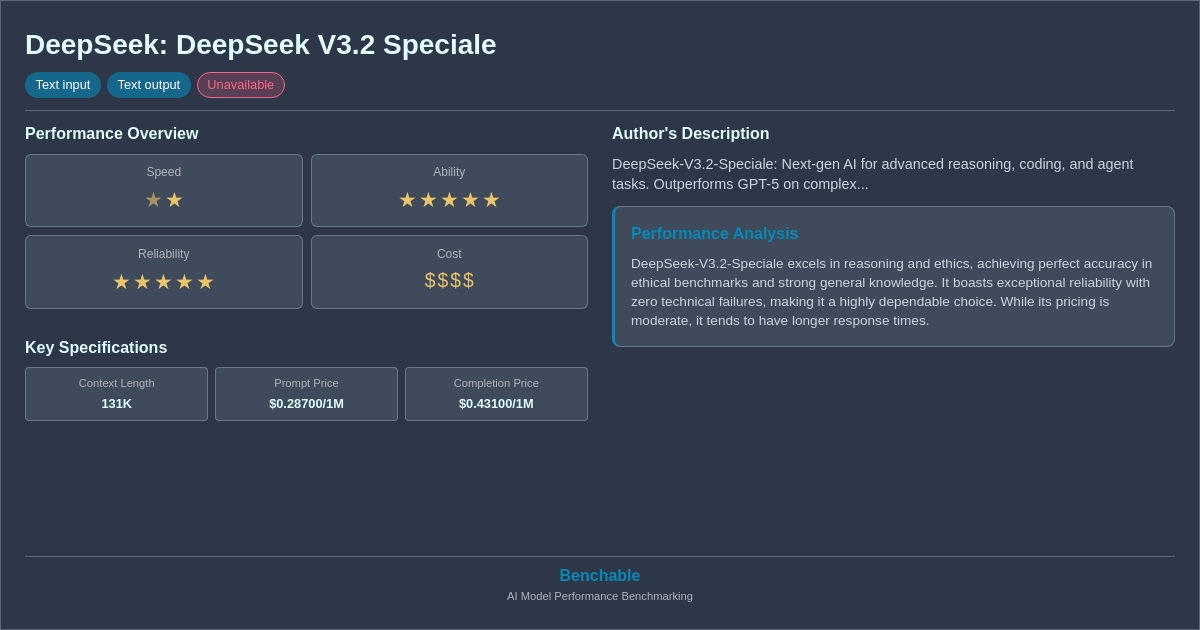 DeepSeek: DeepSeek V3.2 Speciale - AI Model Details & Ben...