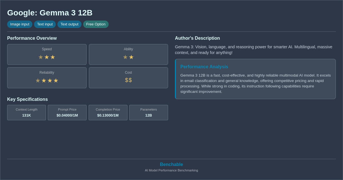 Google: Gemma 3 12B - AI Model Details & Benchmarks