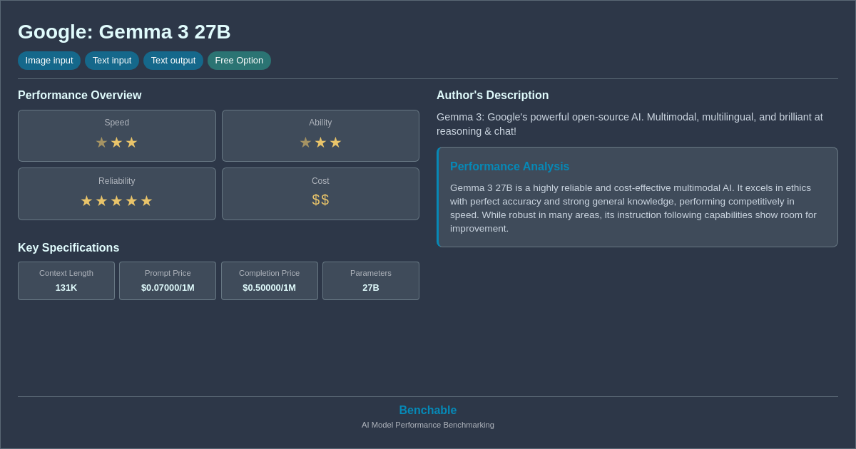 Google: Gemma 3 27B - AI Model Details & Benchmarks