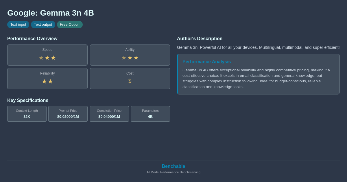 Google: Gemma 3n 4B - AI Model Details & Benchmarks
