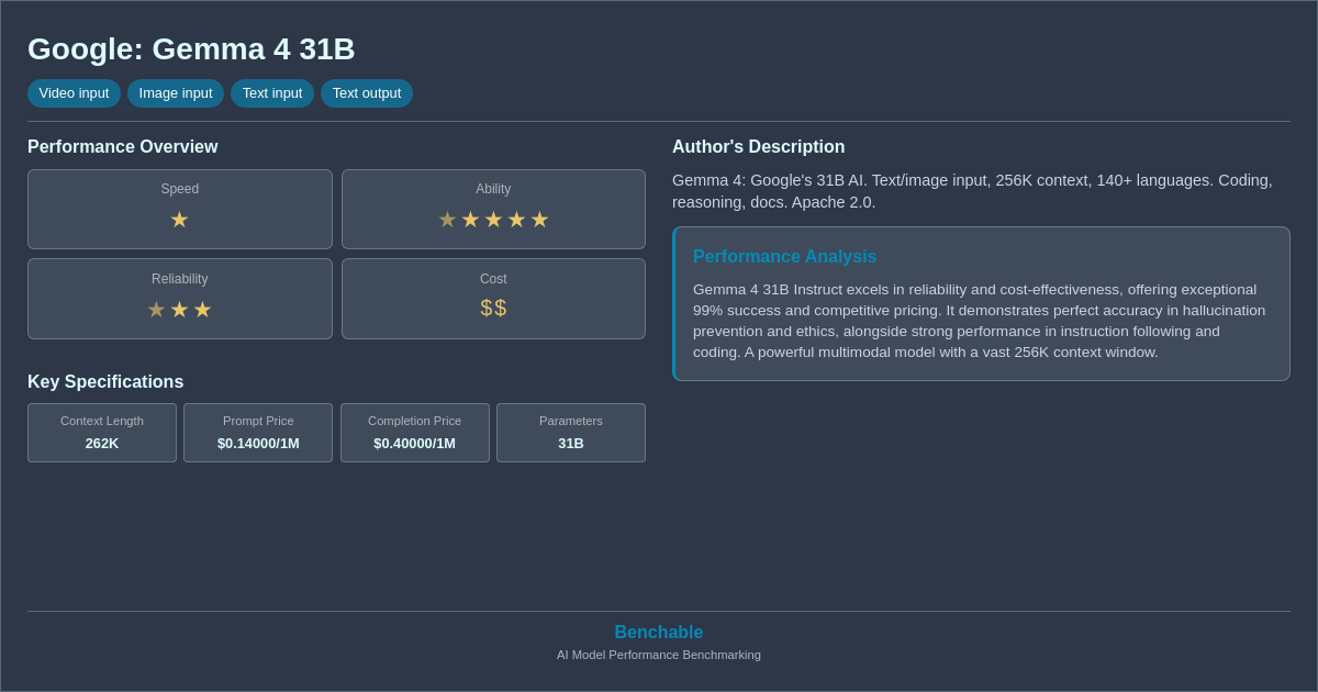 Google: Gemma 4 31B - AI Model Details & Benchmarks