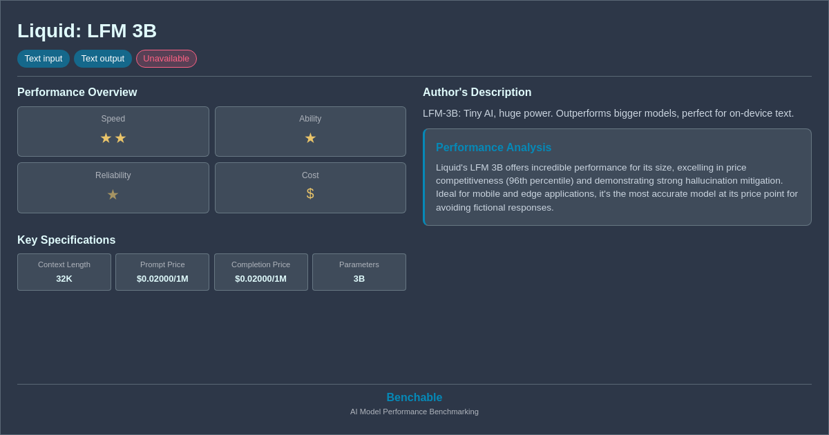 Liquid: LFM 3B - AI Model Details & Benchmarks