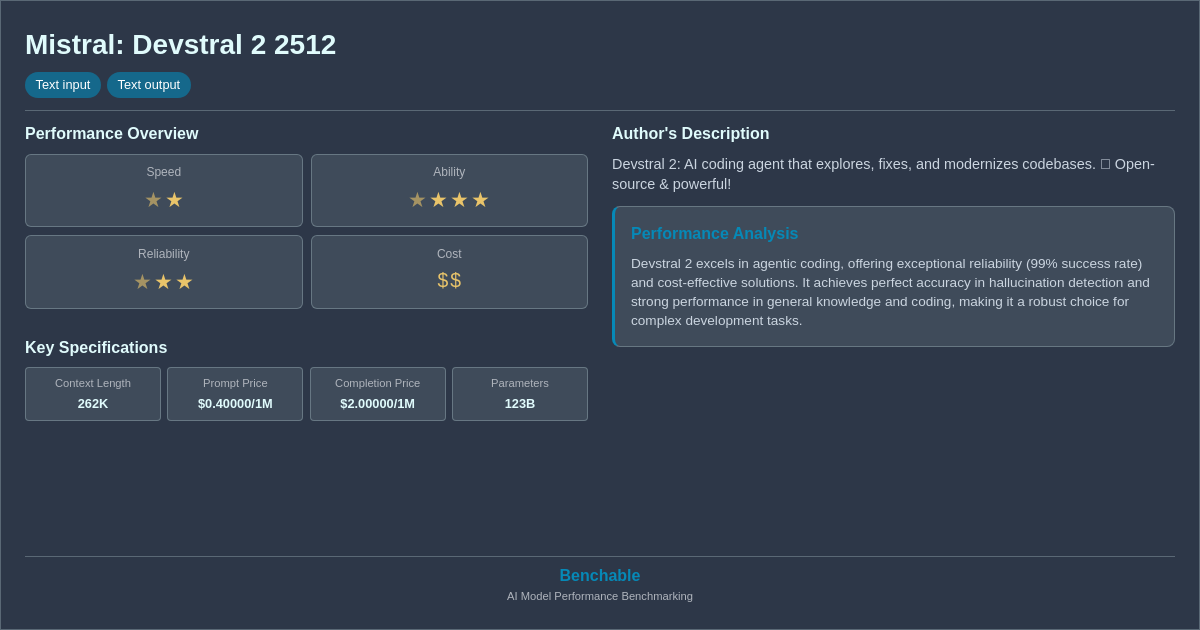 Mistral: Devstral 2 2512 - AI Model Details & Benchmarks