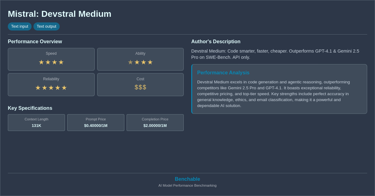 Mistral: Devstral Medium - AI Model Details & Benchmarks