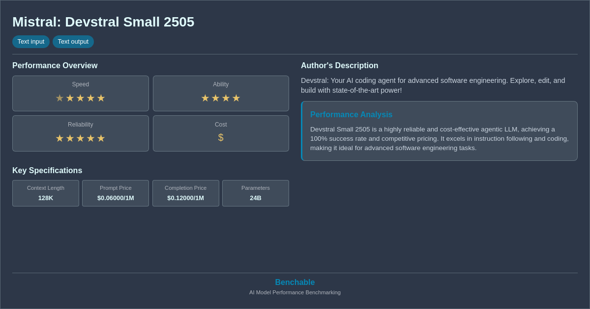 Mistral: Devstral Small 2505 - AI Model Details & Benchmarks