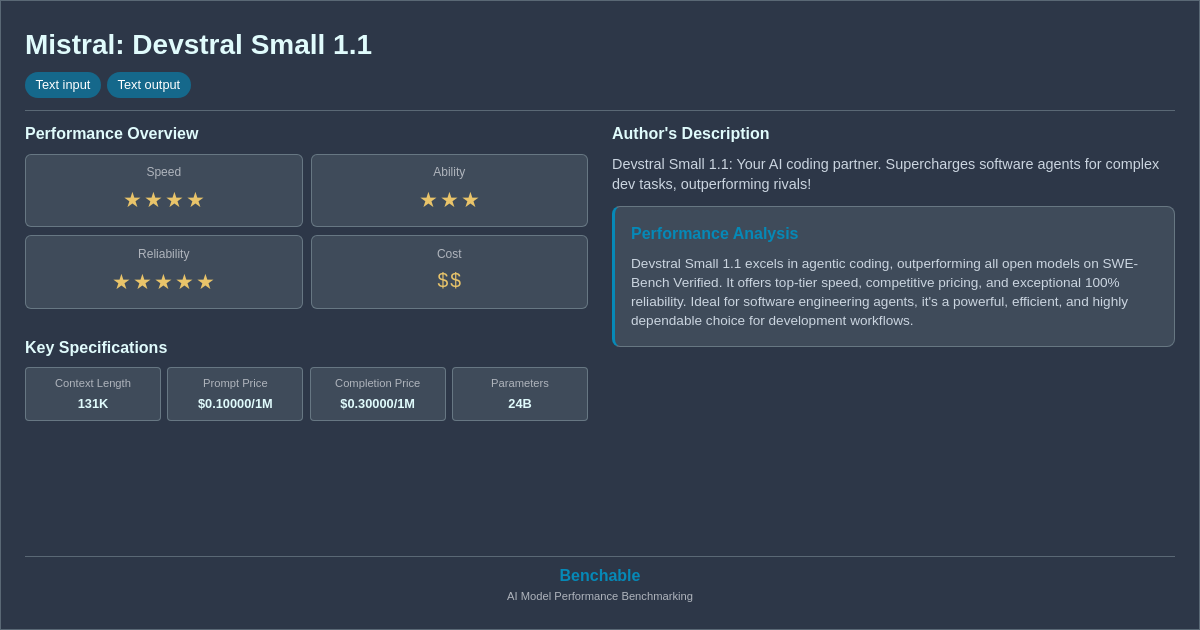 Mistral: Devstral Small 1.1 - AI Model Details & Benchmarks
