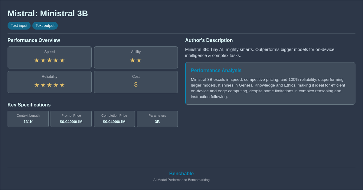 Mistral: Ministral 3B - AI Model Details & Benchmarks