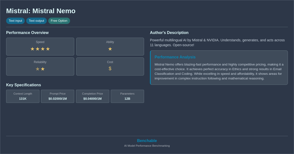 Mistral: Mistral Nemo - AI Model Details & Benchmarks