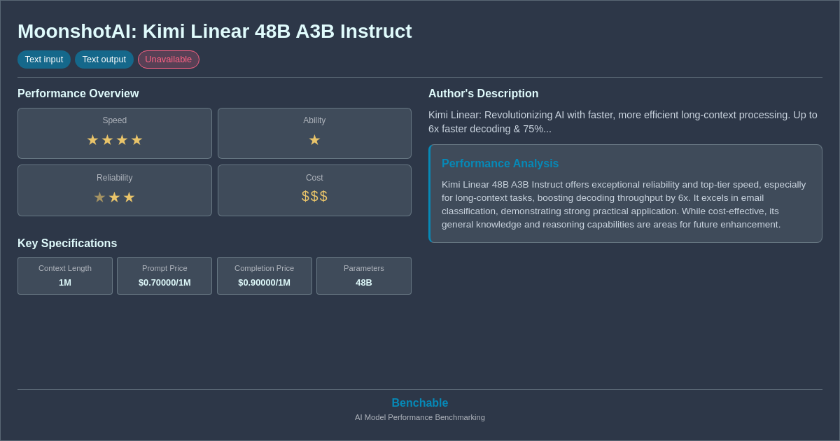MoonshotAI: Kimi Linear 48B A3B Instruct - AI Model Detai...