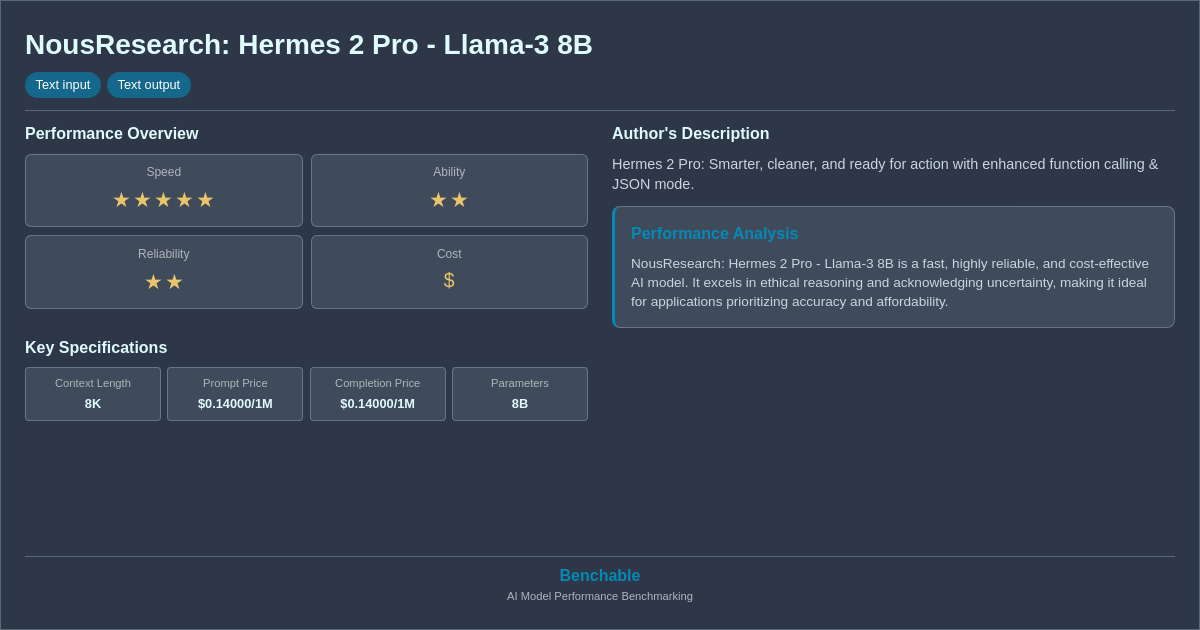 NousResearch: Hermes 2 Pro - Llama-3 8B - AI Model Detail...
