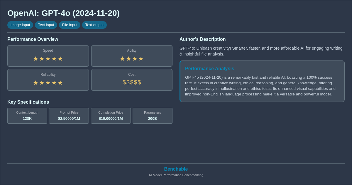OpenAI: GPT-4o (2024-11-20) - AI Model Details & Benchmarks