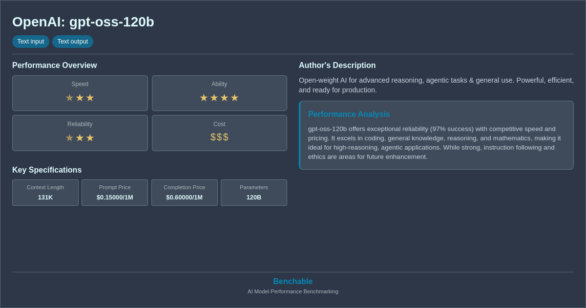 OpenAI: gpt-oss-120b - AI Model Details & Benchmarks
