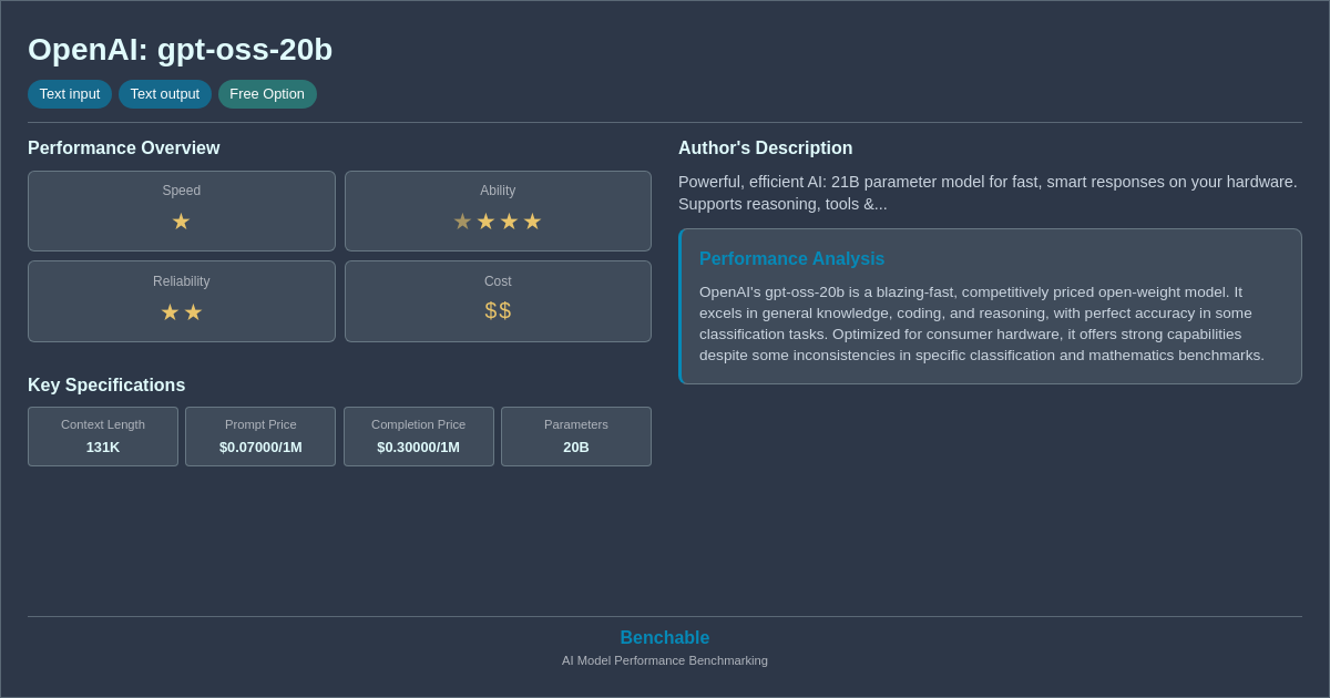 OpenAI: gpt-oss-20b - AI Model Details & Benchmarks