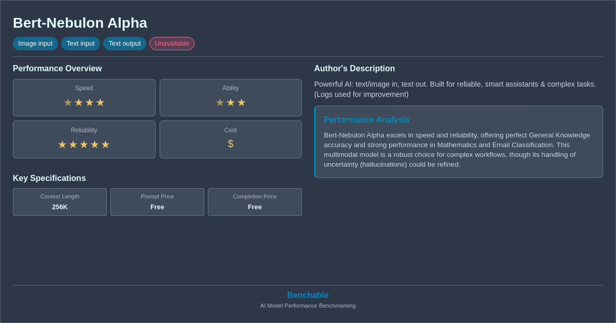 Bert-Nebulon Alpha - AI Model Details & Benchmarks