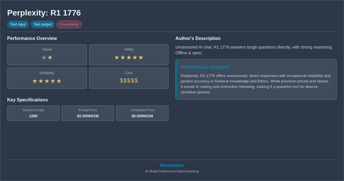Perplexity: R1 1776 - AI Model Details & Benchmarks
