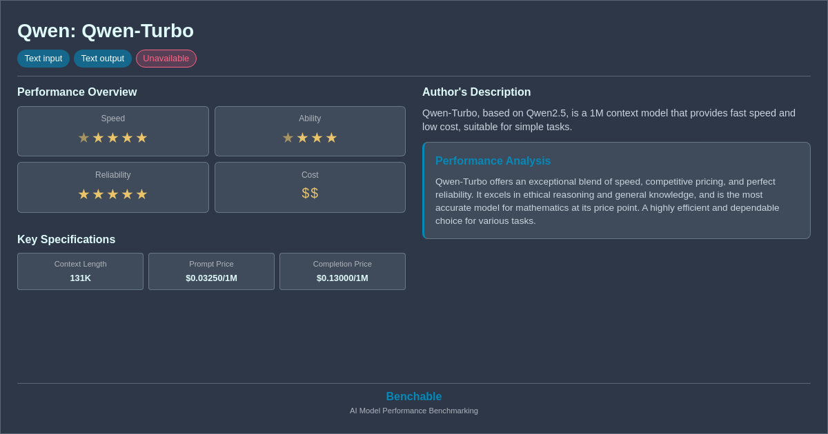 Qwen: Qwen-Turbo - AI Model Details & Benchmarks