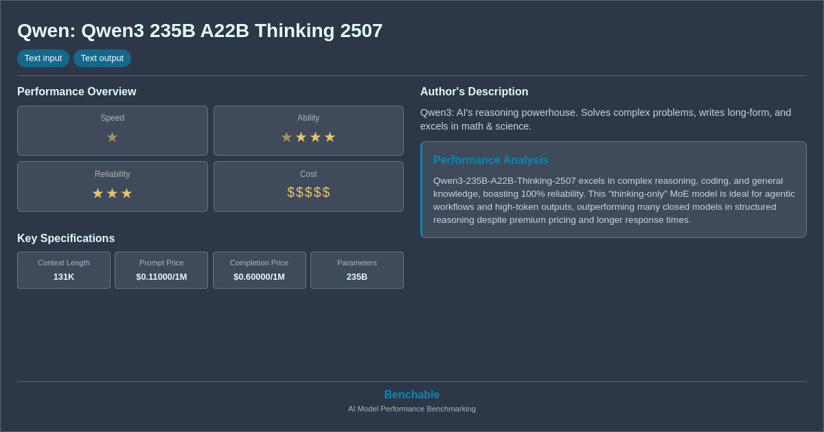 Qwen: Qwen3 235B A22B Thinking 2507 - AI Model Details