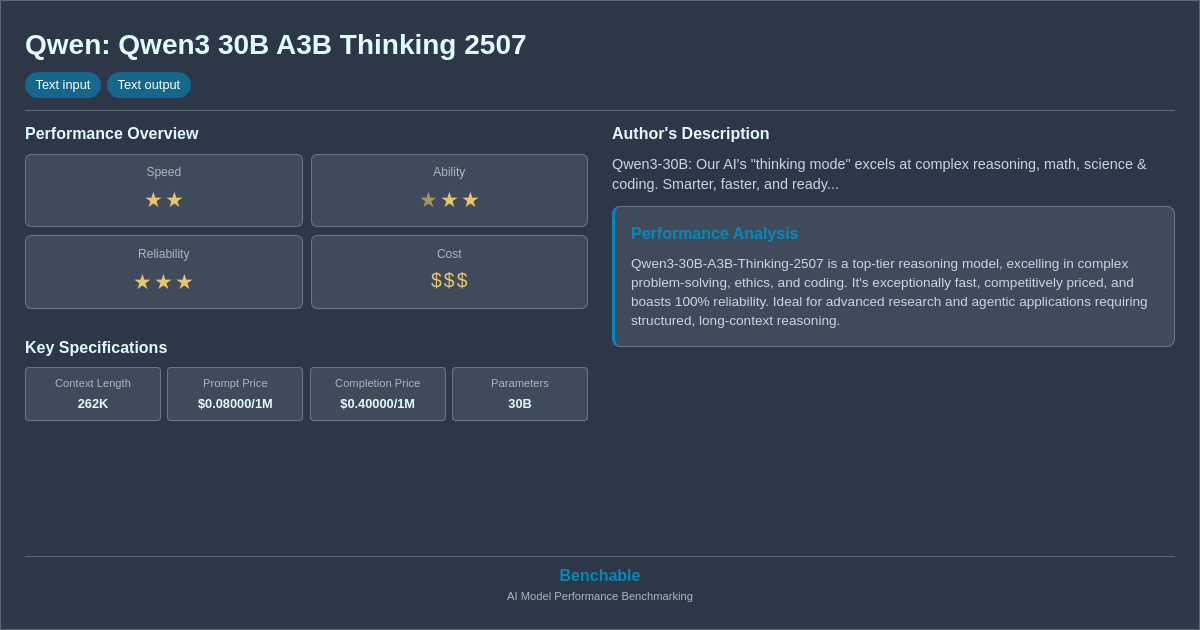 Qwen: Qwen3 30B A3B Thinking 2507 - AI Model Details & Be...