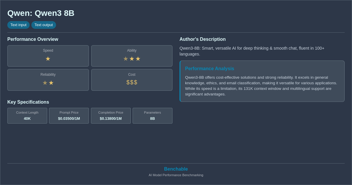 Qwen: Qwen3 8B - AI Model Details & Benchmarks