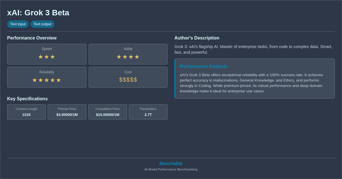 xAI: Grok 3 Beta - AI Model Details & Benchmarks