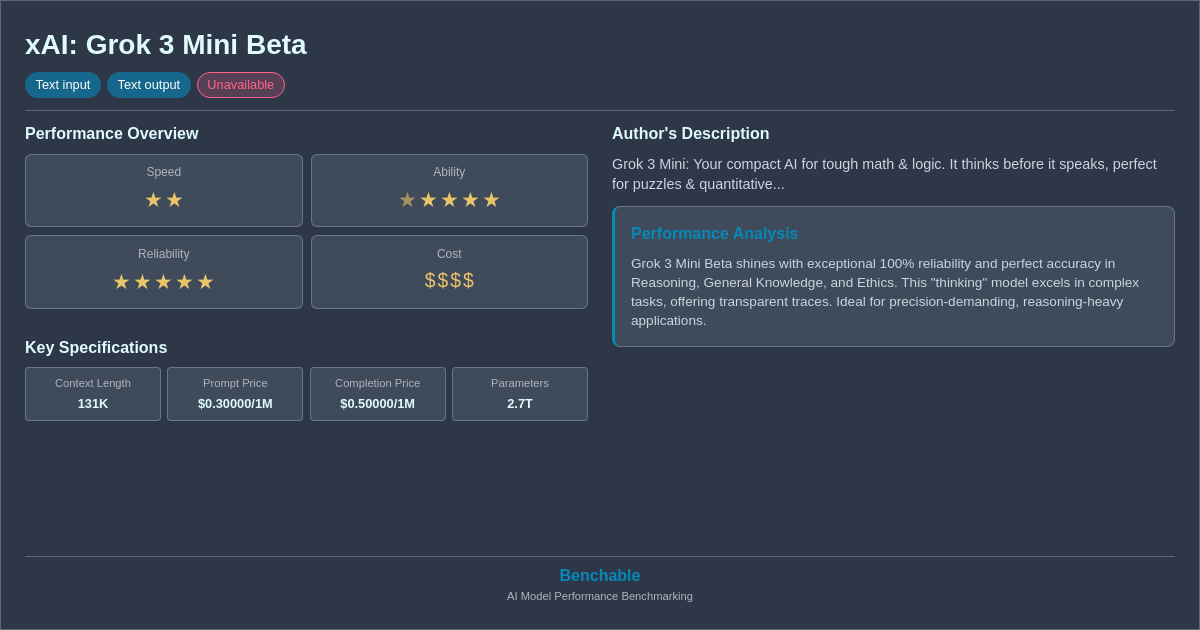 xAI: Grok 3 Mini Beta - AI Model Details & Benchmarks